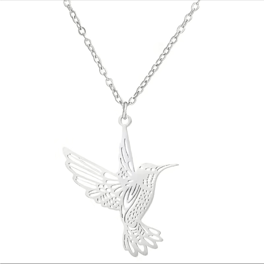 Stainless Steel Silver Cut Metal Hummingbird Necklace - Gem